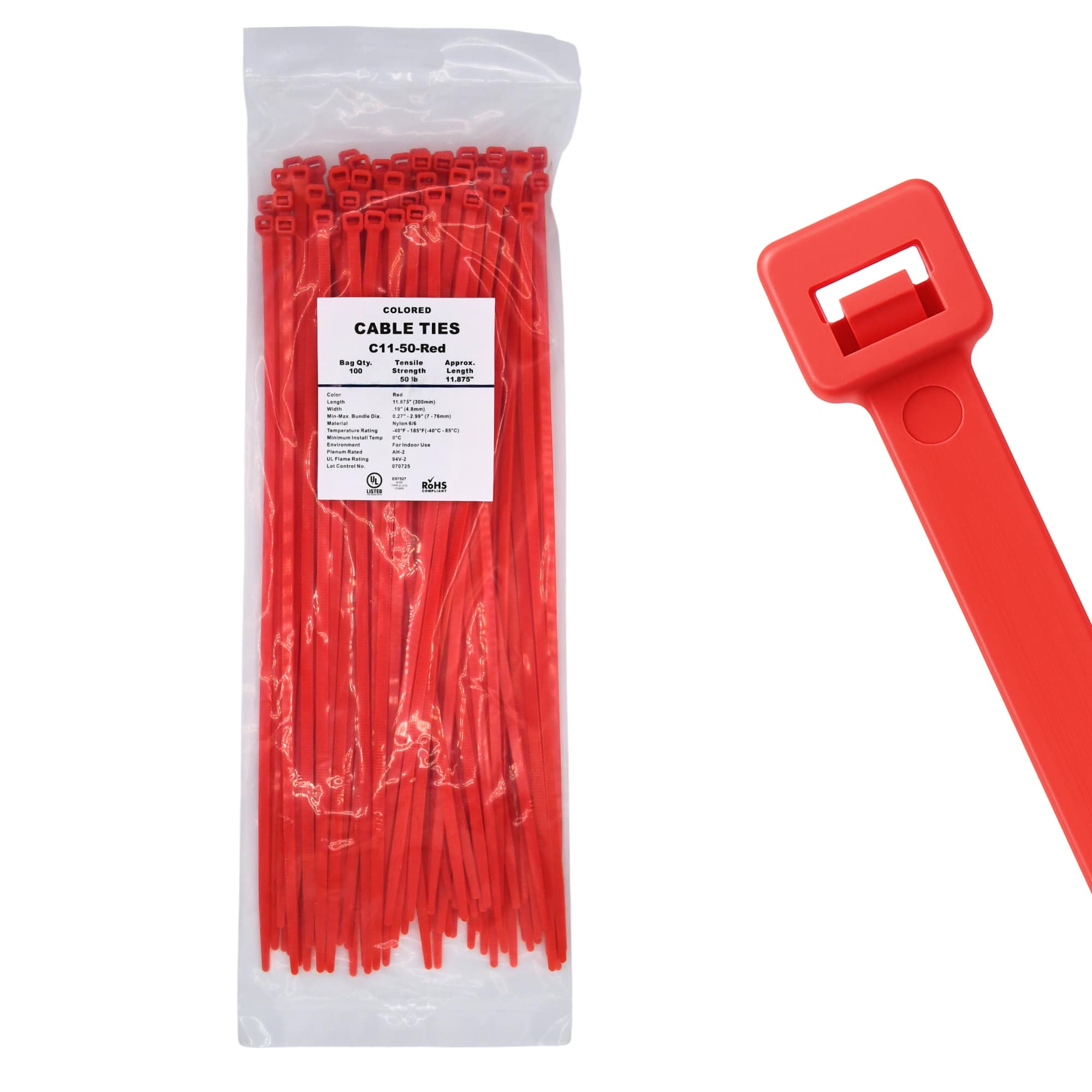 11" 50lb Red Cable Ties 100/bag Part # C11-50-Red | Cable Ties Unlimited