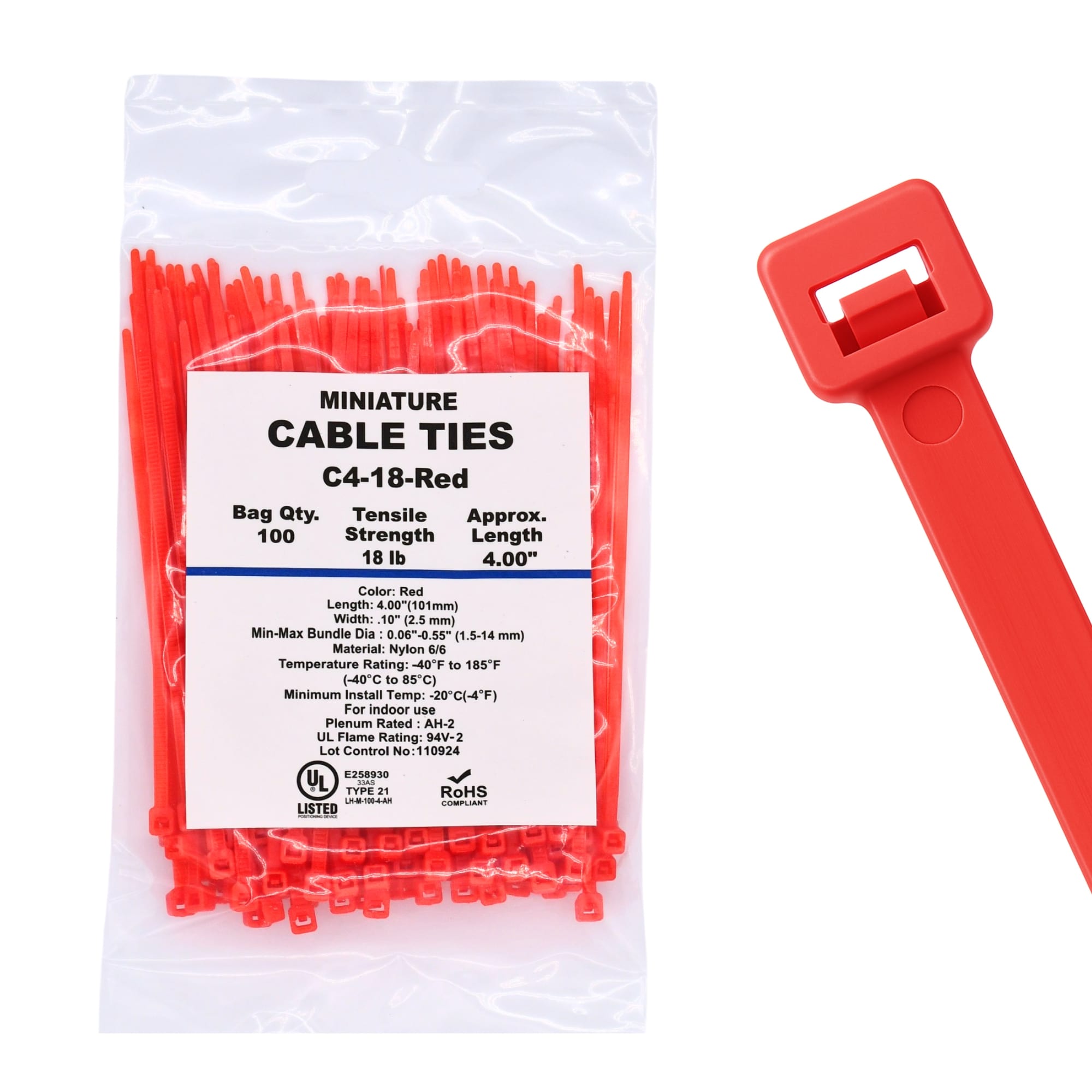 4" 18lb Red Cable Ties / Zip Ties 100/bag Part # C4-18-Red | Cable Ties ...