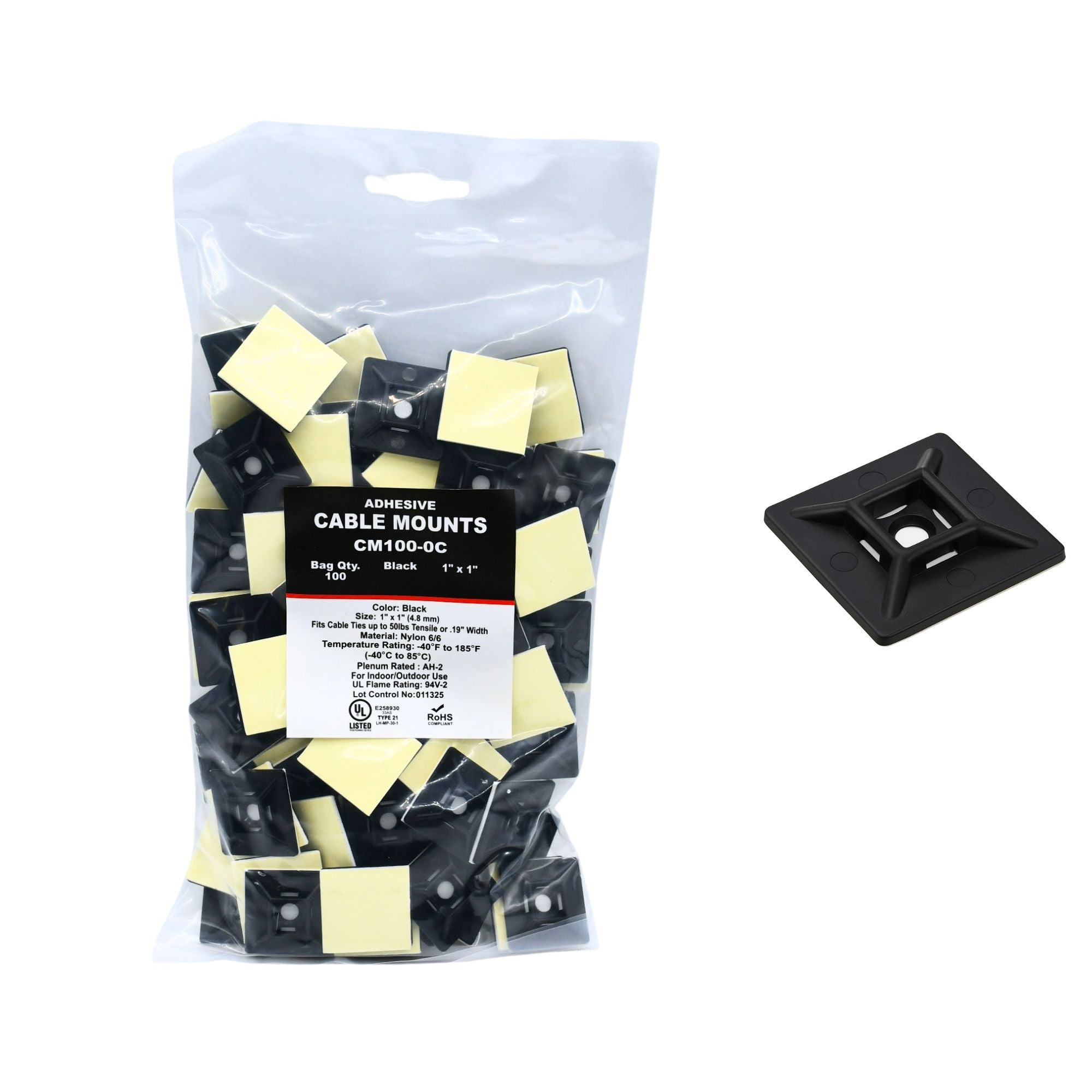1" UV Black Adhesive Cable Tie Mounts 100/bag Part #CM100-0C | Cable ...