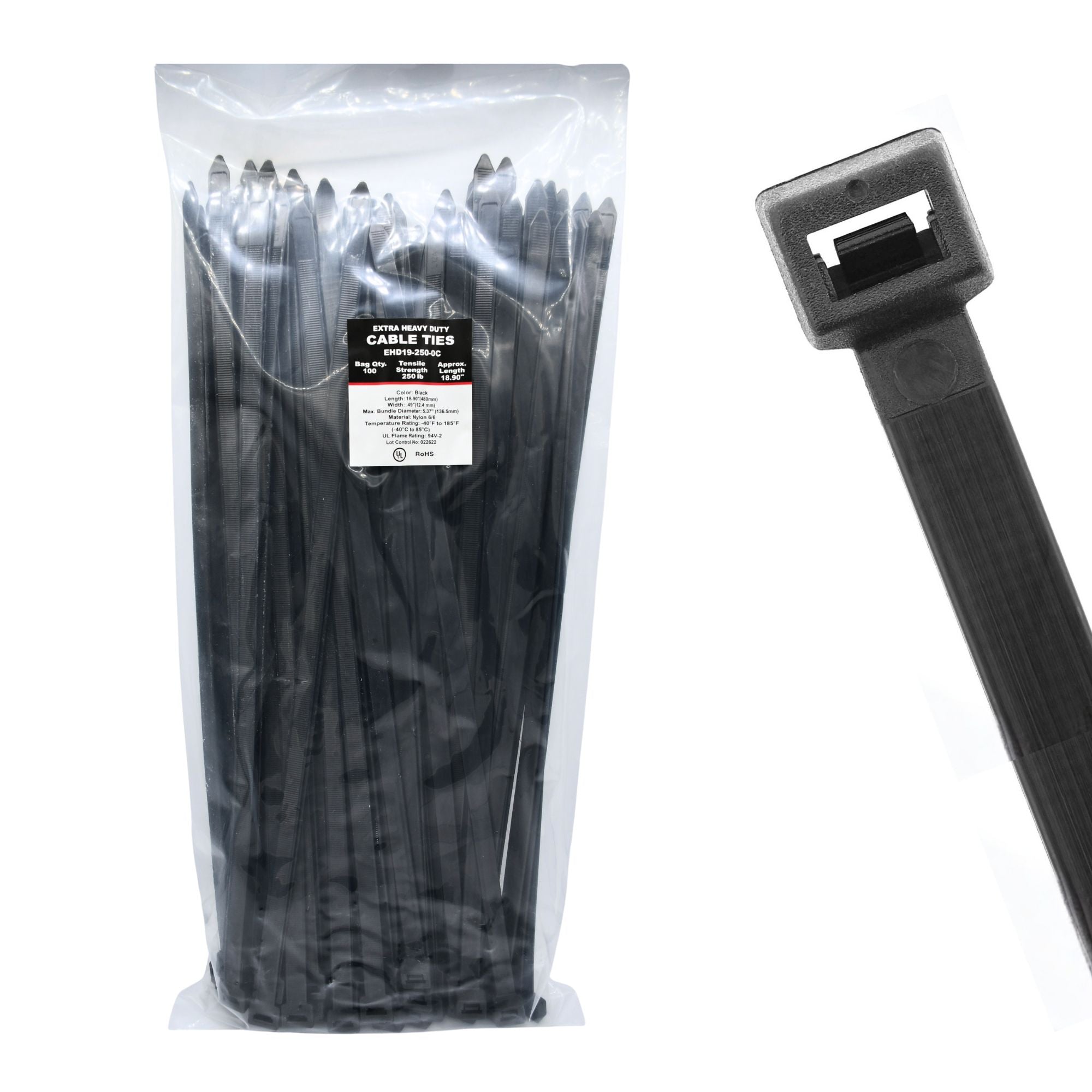 18.90" 250lb UV Black Cable Ties / Zip Ties 100/bag Part # E | Cable ...