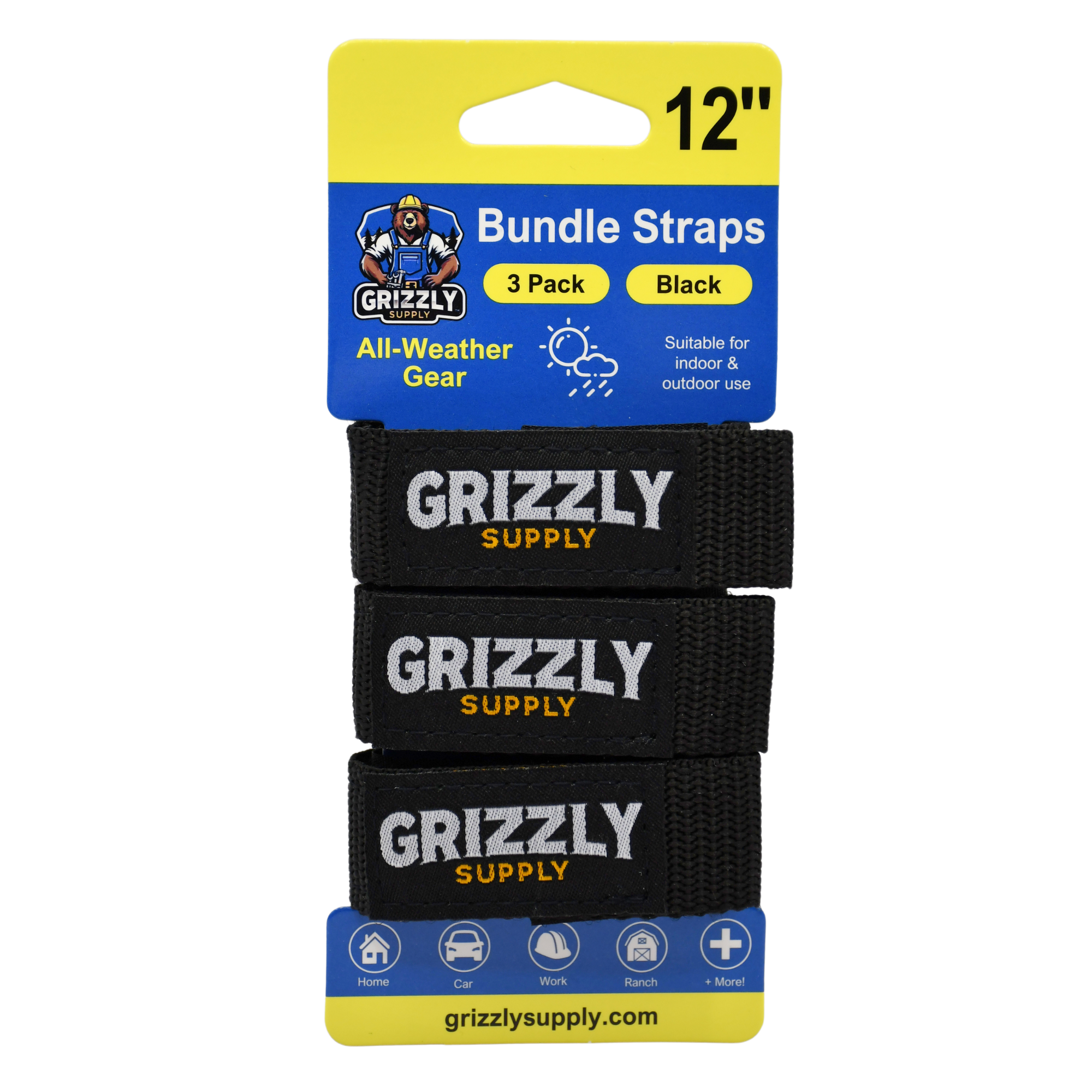 Grizzly Supply 12" Black Hook and Loop Bundle Strap 3/pk | Cable Ties ...